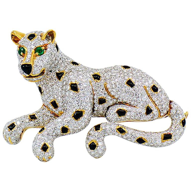 Vintage Diamond Leopard Brooch 18 Karat White and Yellow Gold, Emerald ...