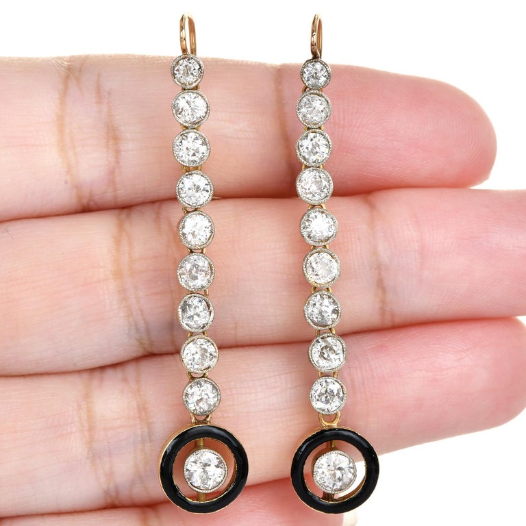 Vintage Diamond Onyx 18K Yellow Gold Halo Link Dangle Drop Earrings For ...