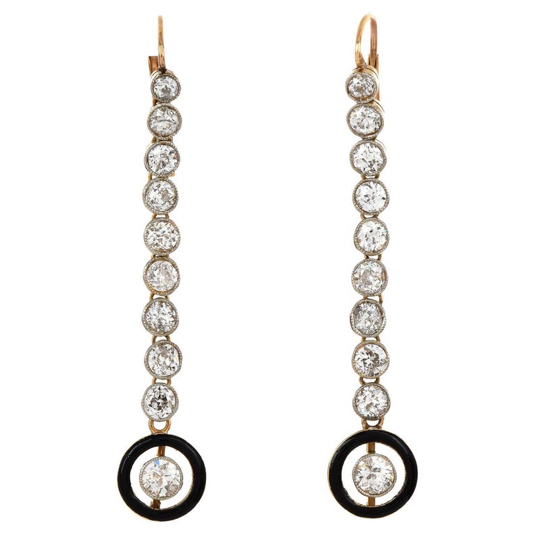 Vintage Diamond Onyx 18K Yellow Gold Halo Link Dangle Drop Earrings For ...