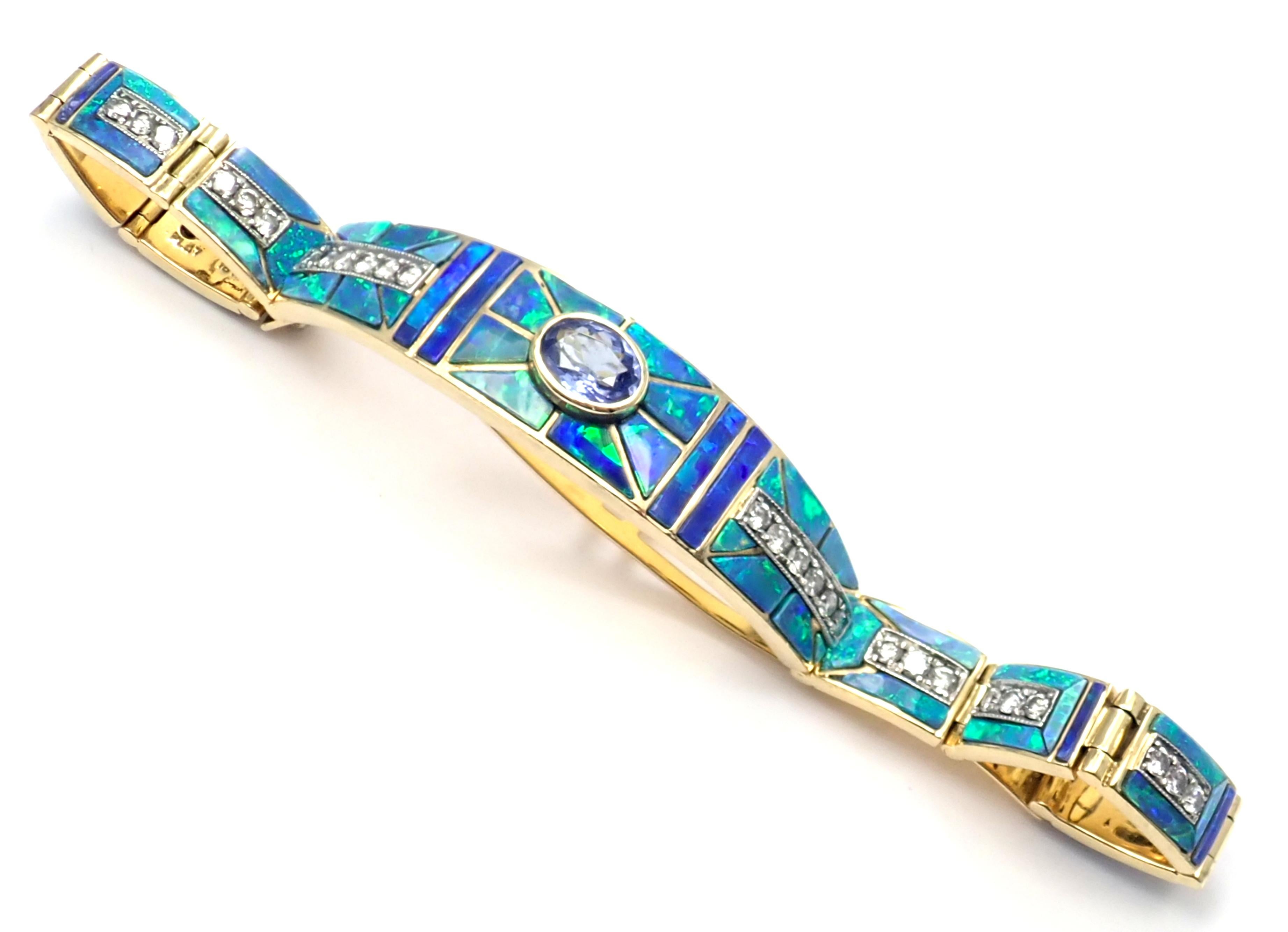 Vintage Diamond Opal Inlay Tanzanite Yellow Gold and Platinum Bracelet ...