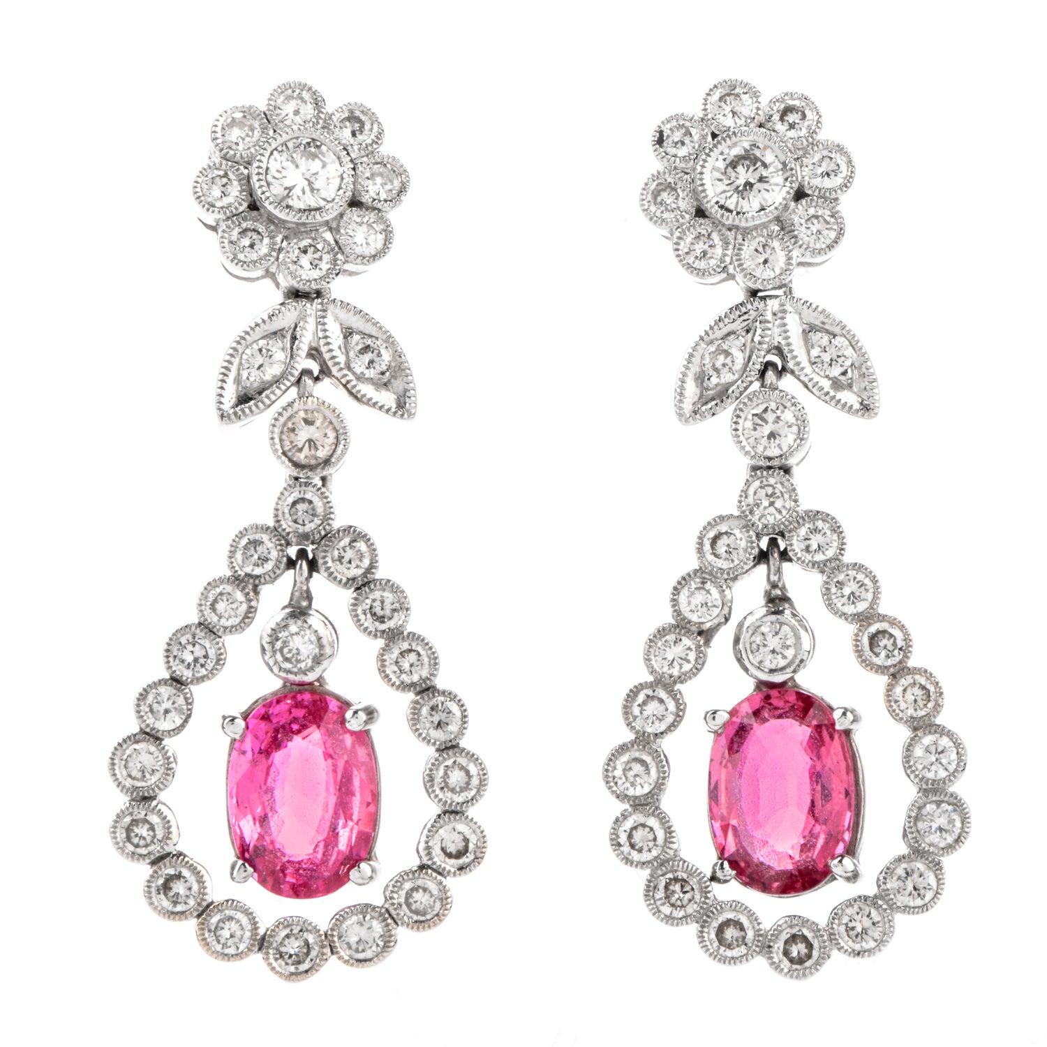Vintage Diamond Pink Sapphire Dangle Drop 18 Karat Earrings at 1stDibs