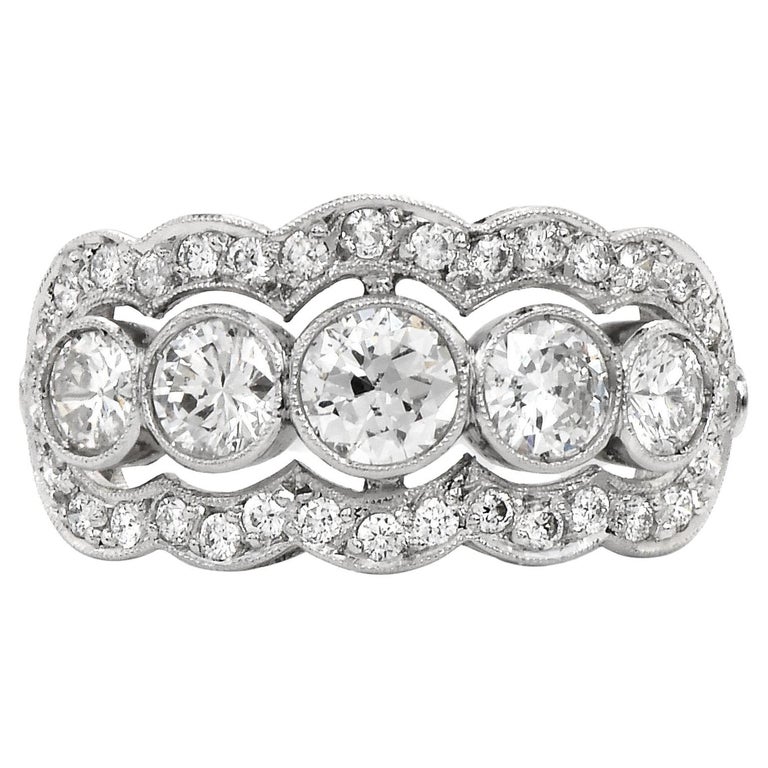 Vintage Diamond Platinum Five Stone Halo Band Cocktail Ring For Sale at ...