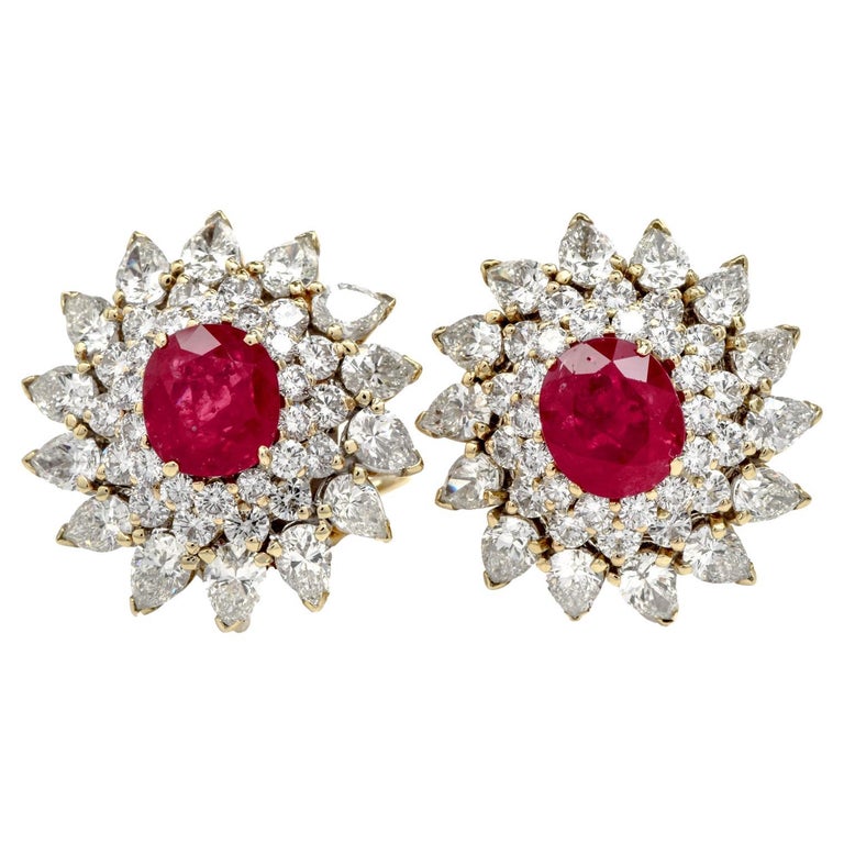 Vintage Diamond Ruby 18K Yellow Gold Flower Clip on Stud Earrings For ...