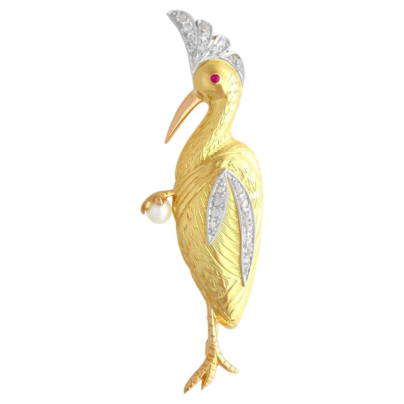 Diamond Pave, Sapphire, Emerald and Pearls Yellow Gold Bird Brooch at ...