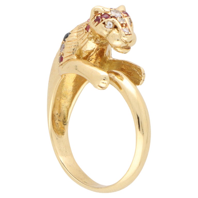 Vintage Diamond, Ruby and Sapphire Leopard Ring in 14k Yellow Gold For ...