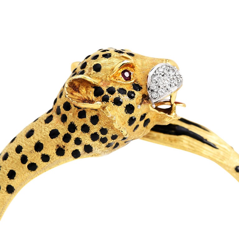 Vintage Diamond Ruby Asian Dragon 18K Gold Bypass Bangle Bracelet For ...