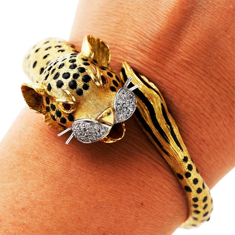 Vintage Diamond Ruby Asian Dragon 18K Gold Bypass Bangle Bracelet For ...