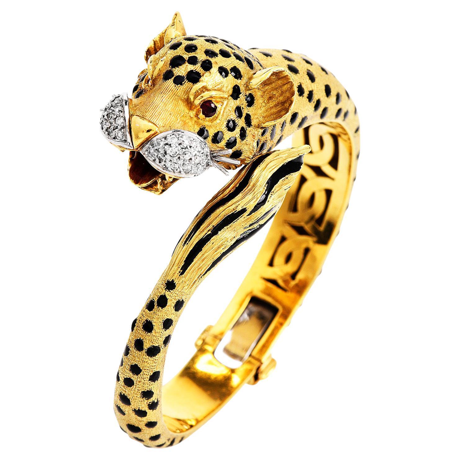 Vintage Diamond Ruby Asian Dragon 18K Gold Bypass Bangle Bracelet For ...