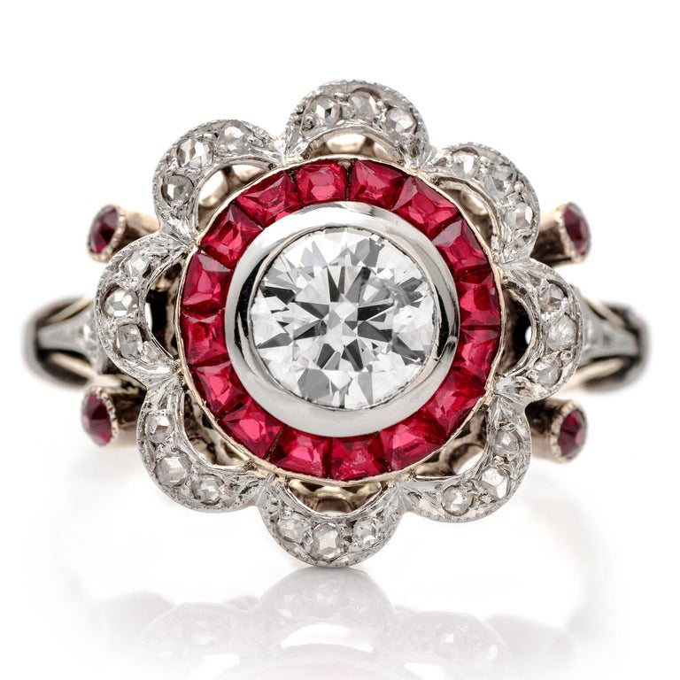 Vintage Diamond Ruby Flower Floral Engagement Ring at 1stDibs
