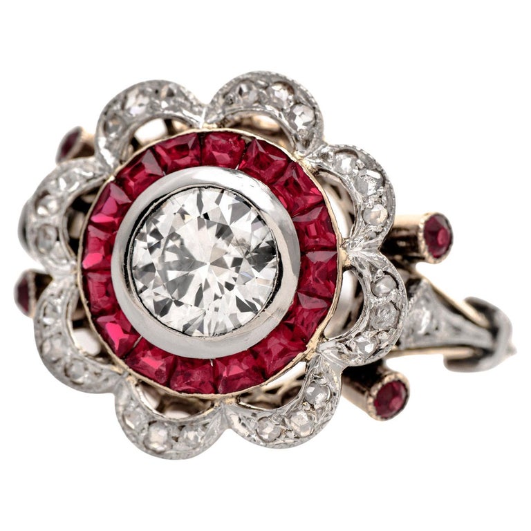 Vintage Diamond Ruby Flower Floral Engagement Ring at 1stDibs