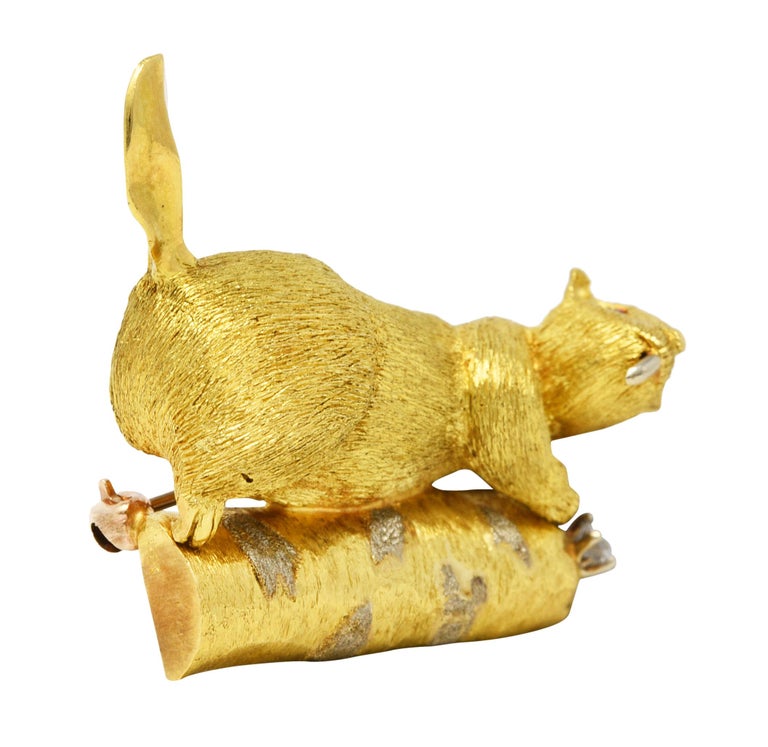 Vintage Diamond Ruby Two-Tone 18 Karat Gold Beaver Brooch For Sale at ...