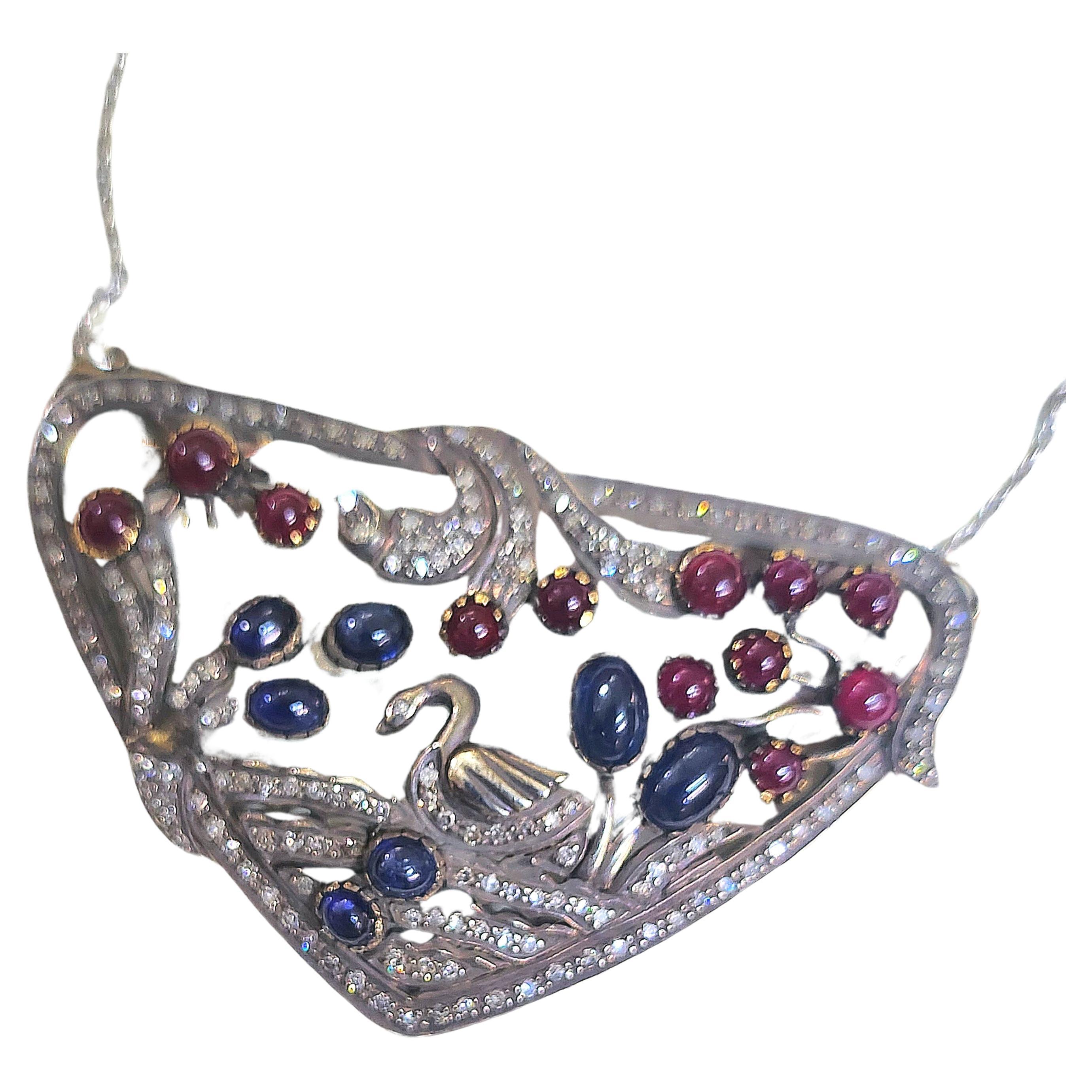 Vintage 1.5 Carat Diamond Sapphire Ruby Swan Necklace For Sale at 1stDibs