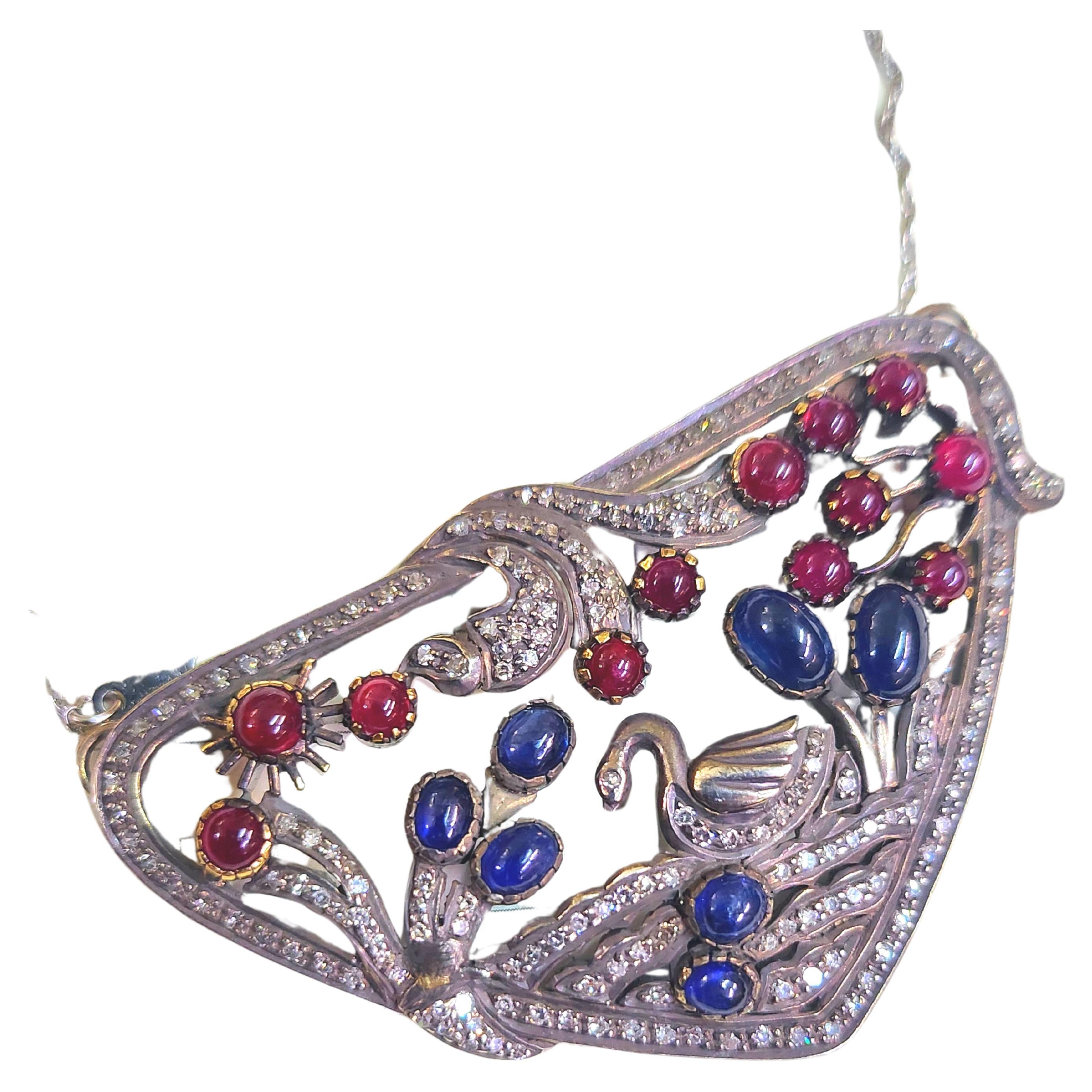 Vintage 1.5 Carat Diamond Sapphire Ruby Swan Necklace For Sale at 1stDibs