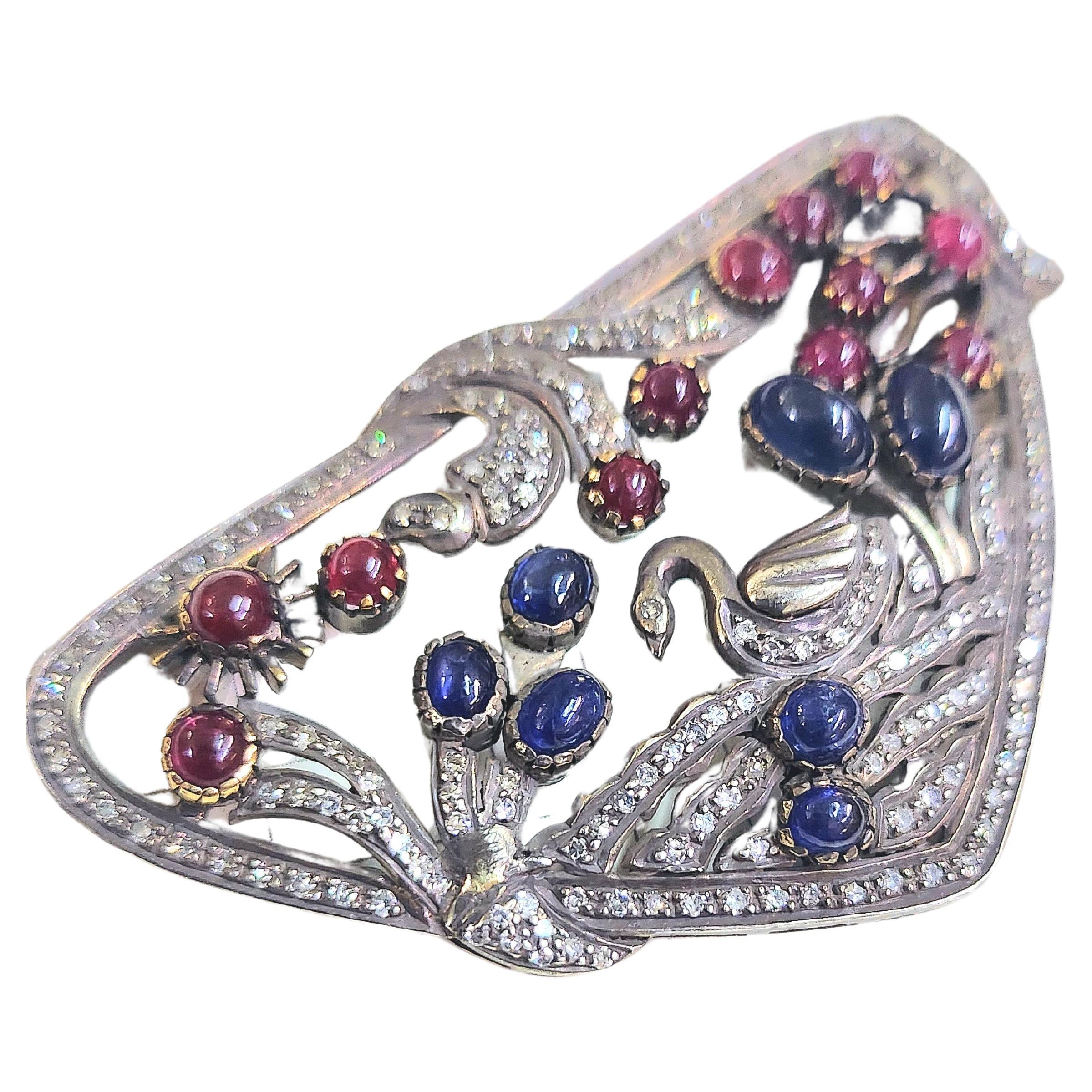 Vintage 1.5 Carat Diamond Sapphire Ruby Swan Necklace For Sale at 1stDibs