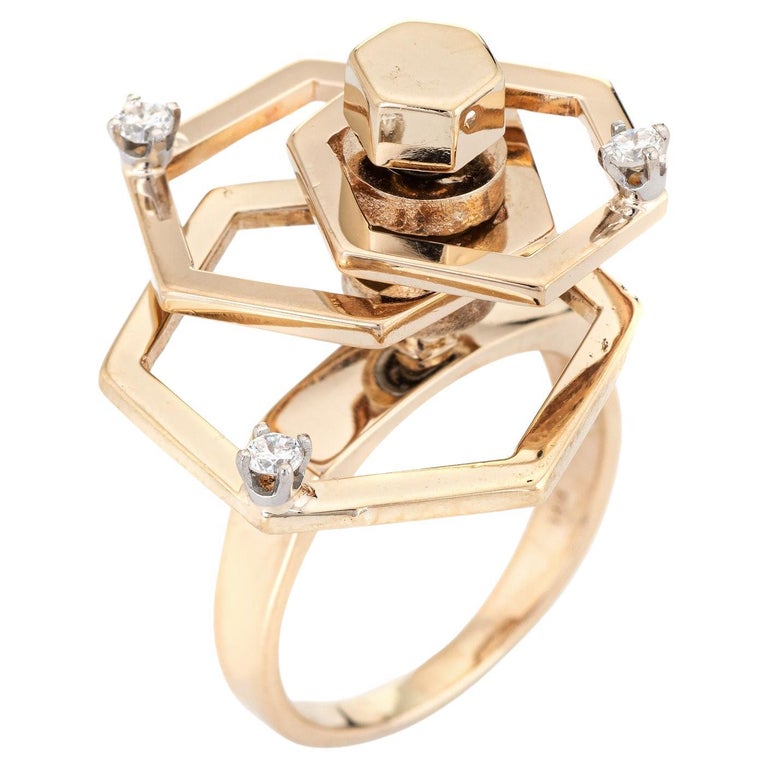 Vintage Diamond Spinning Ring Kinetic 14k Gold Geometric 3 Level ...