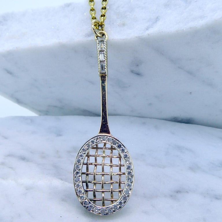 Vintage Diamond Tennis Racquet Pendant and Chain, London, 1976, Yellow ...
