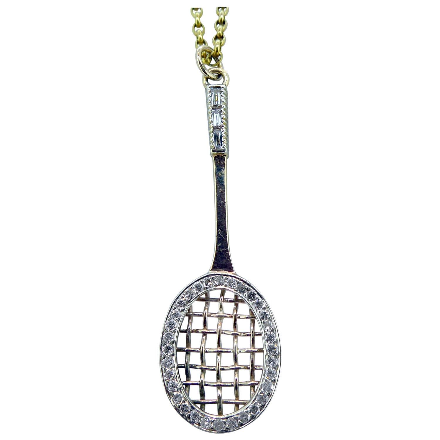 Vintage Diamond Tennis Racquet Pendant and Chain, London, 1976, Yellow ...
