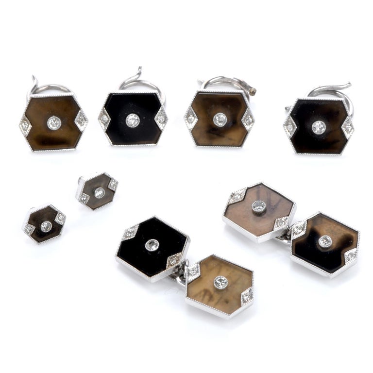Vintage Diamond Tortoise Shell Tuxedo Cufflink Button Set For Sale at ...