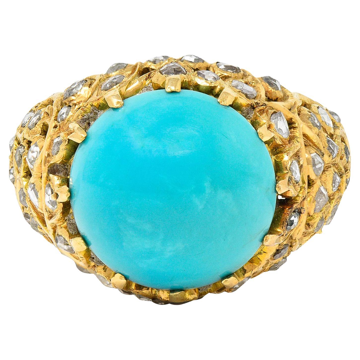 Persian Turquoise Cabochon 18 Karat Textured Bezel Claw, 'V' Shank Ring ...