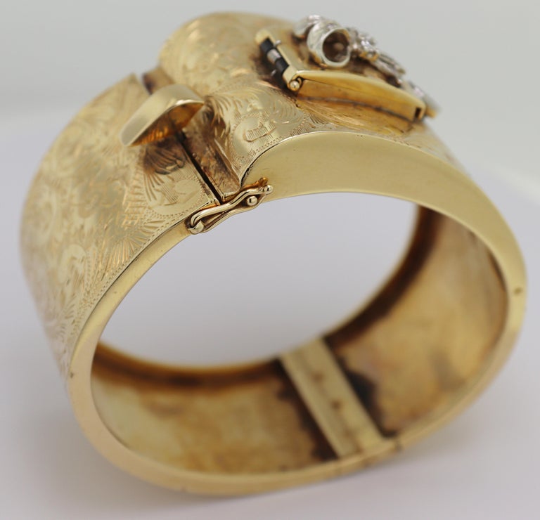 Vintage Diamond, Yellow Gold Covered Wristwatch Bangle For Sale at 1stDibs
