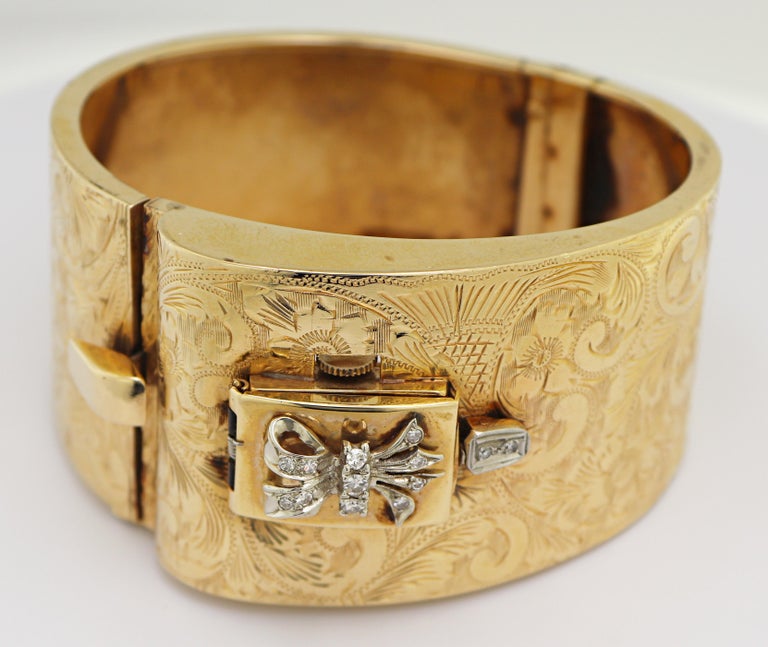 Vintage Diamond, Yellow Gold Covered Wristwatch Bangle For Sale at 1stDibs