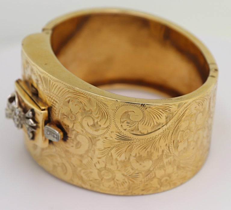 Vintage Diamond, Yellow Gold Covered Wristwatch Bangle For Sale at 1stDibs