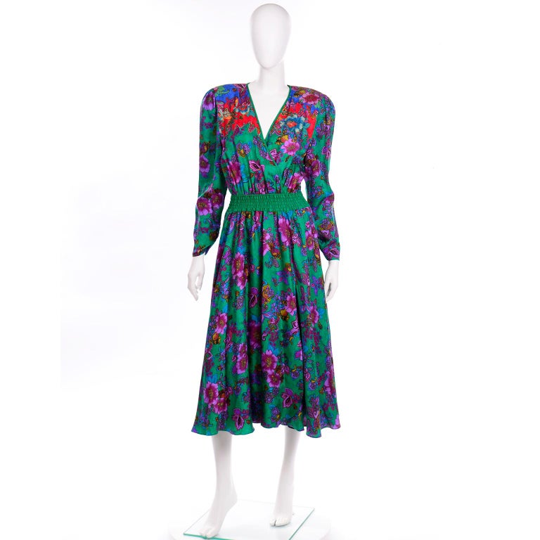 Vintage Diane Freis Green Multi Colored Floral Print Silk Dress at 1stDibs