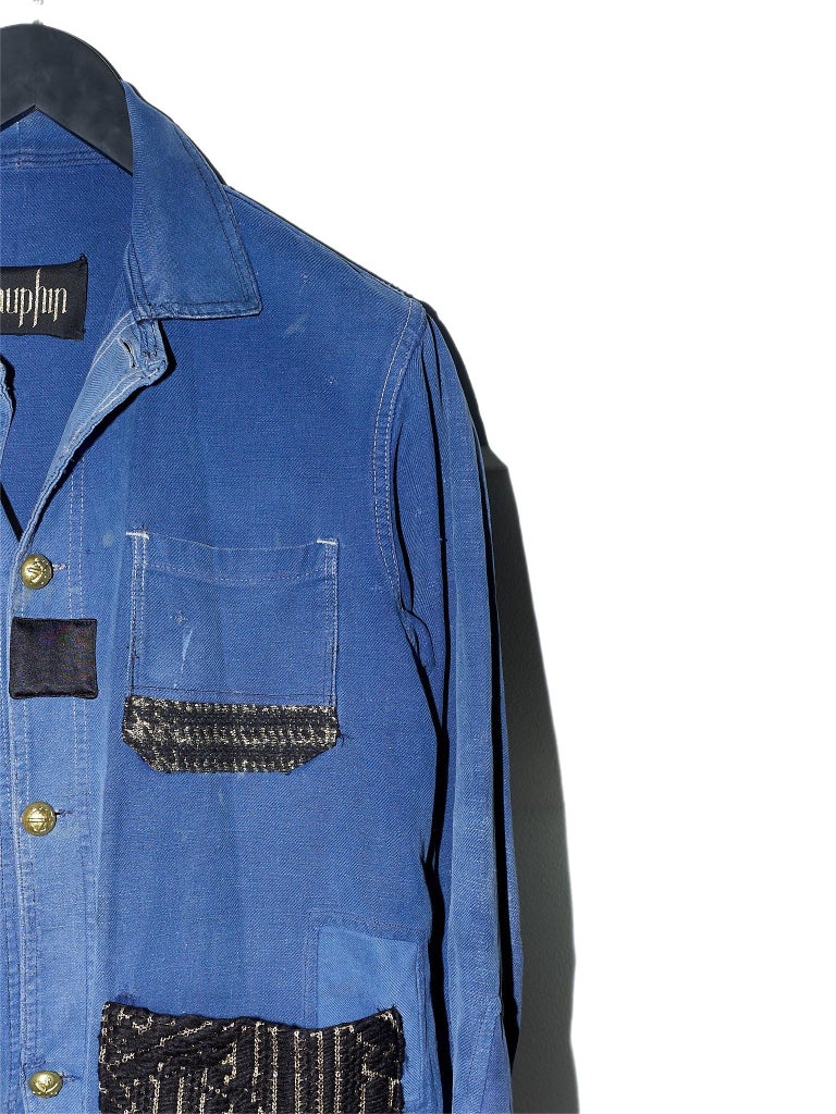 Vintage Distressed Blue Cotton Jacket Black Gold Lurex Tweed For Sale ...