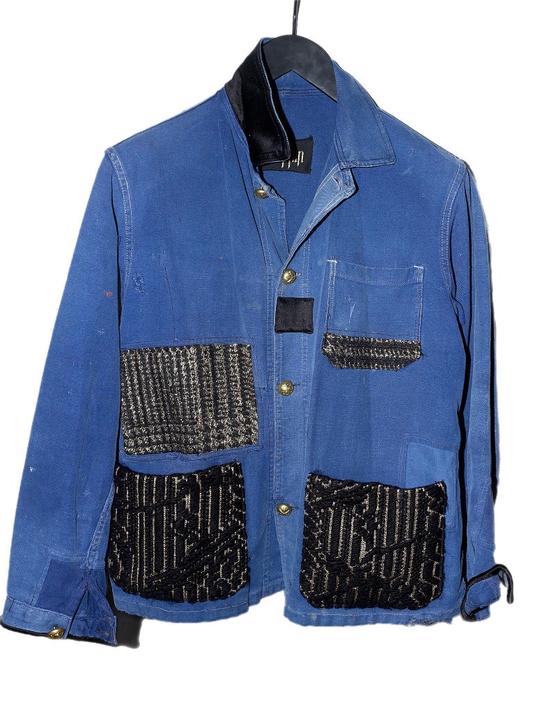 Vintage Distressed Blue Cotton Jacket Black Gold Lurex Tweed For Sale ...
