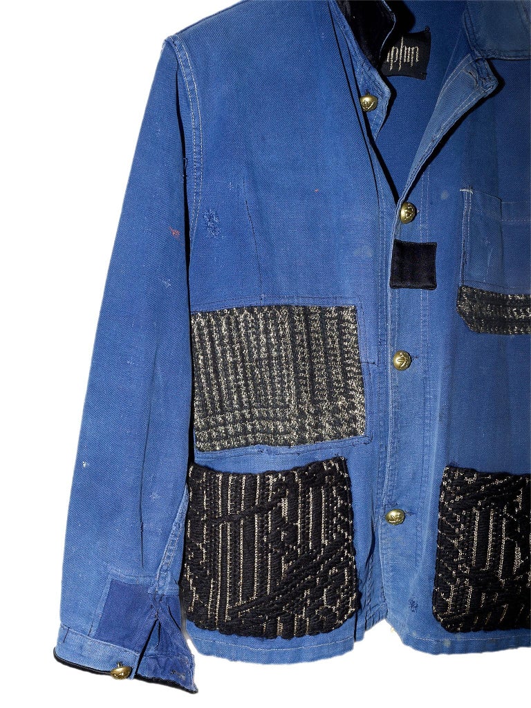 Vintage Distressed Blue Cotton Jacket Black Gold Lurex Tweed For Sale ...