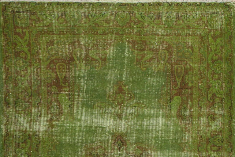 Distressed Vintage Oriental Rug Overdyed in Green Color For Sale at 1stDibs