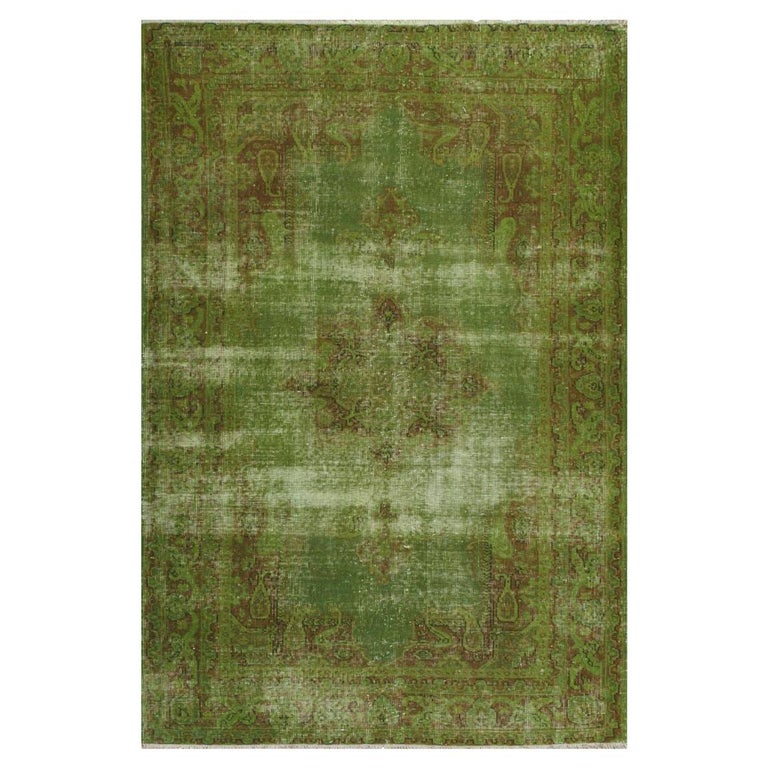 Distressed Vintage Oriental Rug Overdyed in Green Color For Sale at 1stDibs