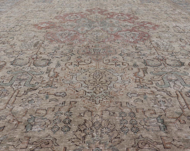 Vintage Distressed Persian Tabriz Rug in Light Blue and Earth Tones For ...