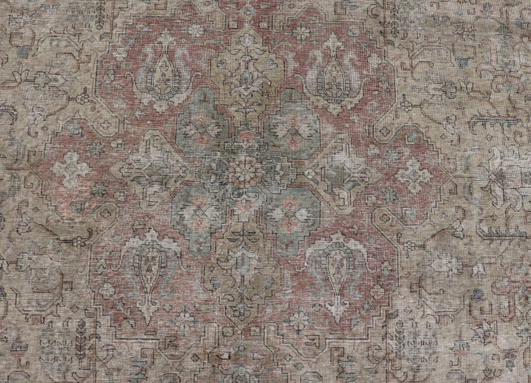 Vintage Distressed Persian Tabriz Rug in Light Blue and Earth Tones For ...
