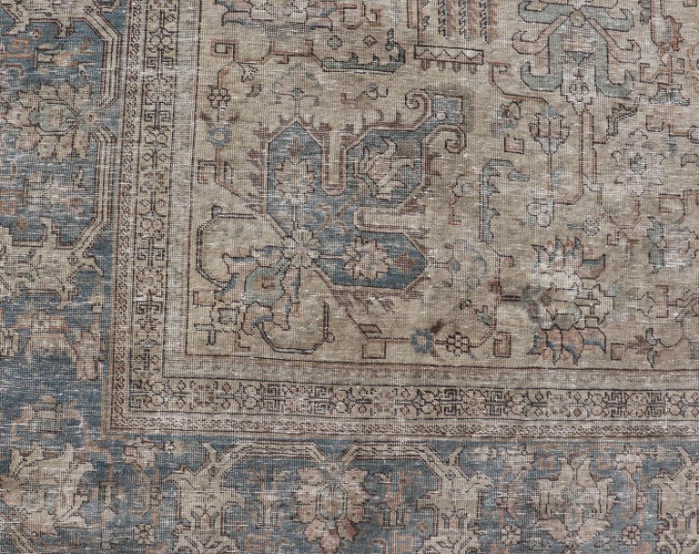 Vintage Distressed Persian Tabriz Rug in Light Blue and Earth Tones For ...