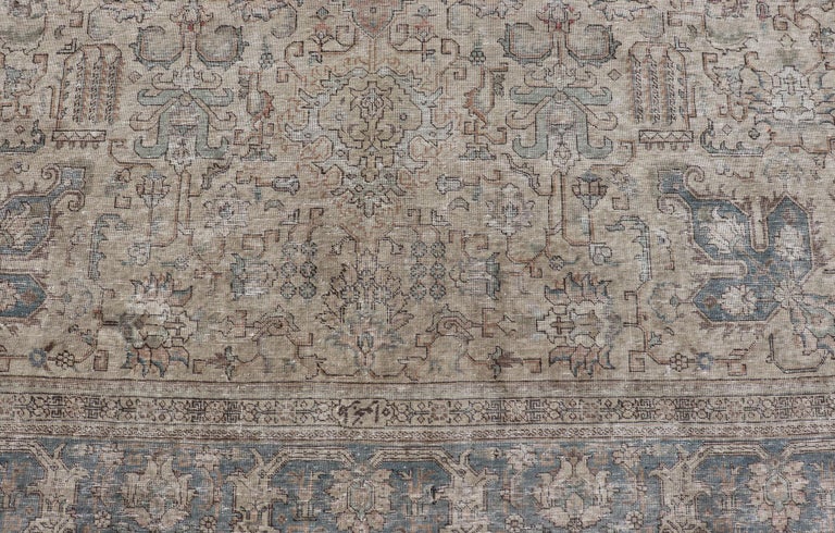 Vintage Distressed Persian Tabriz Rug in Light Blue and Earth Tones For ...