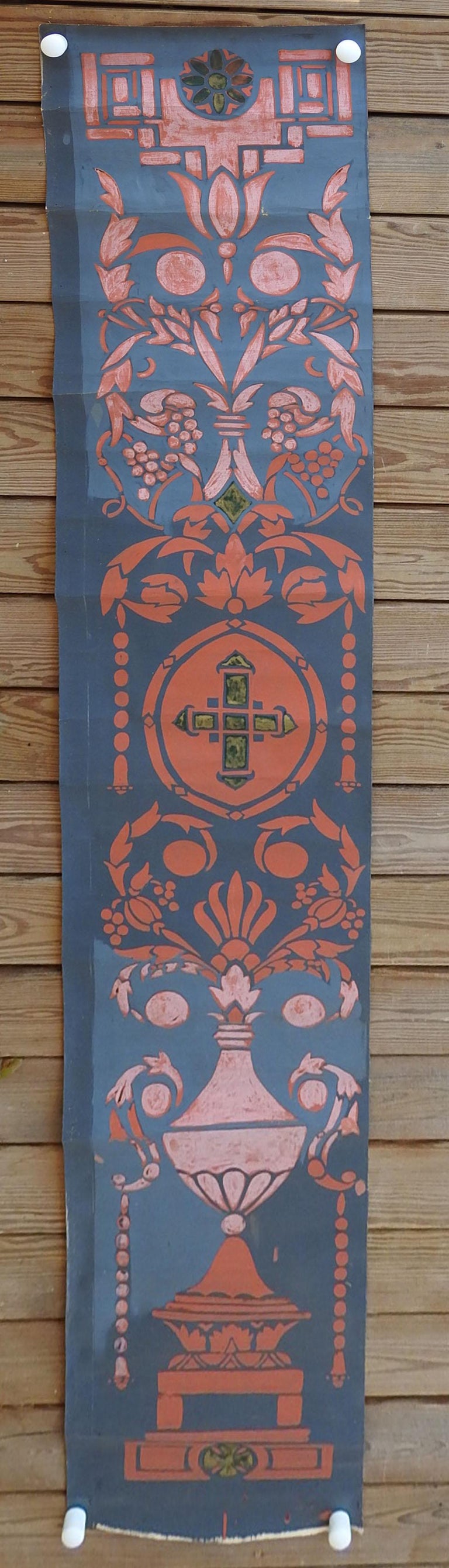 Vintage Distressed Renaissance Urn Motif Blue and Pink Painting For ...