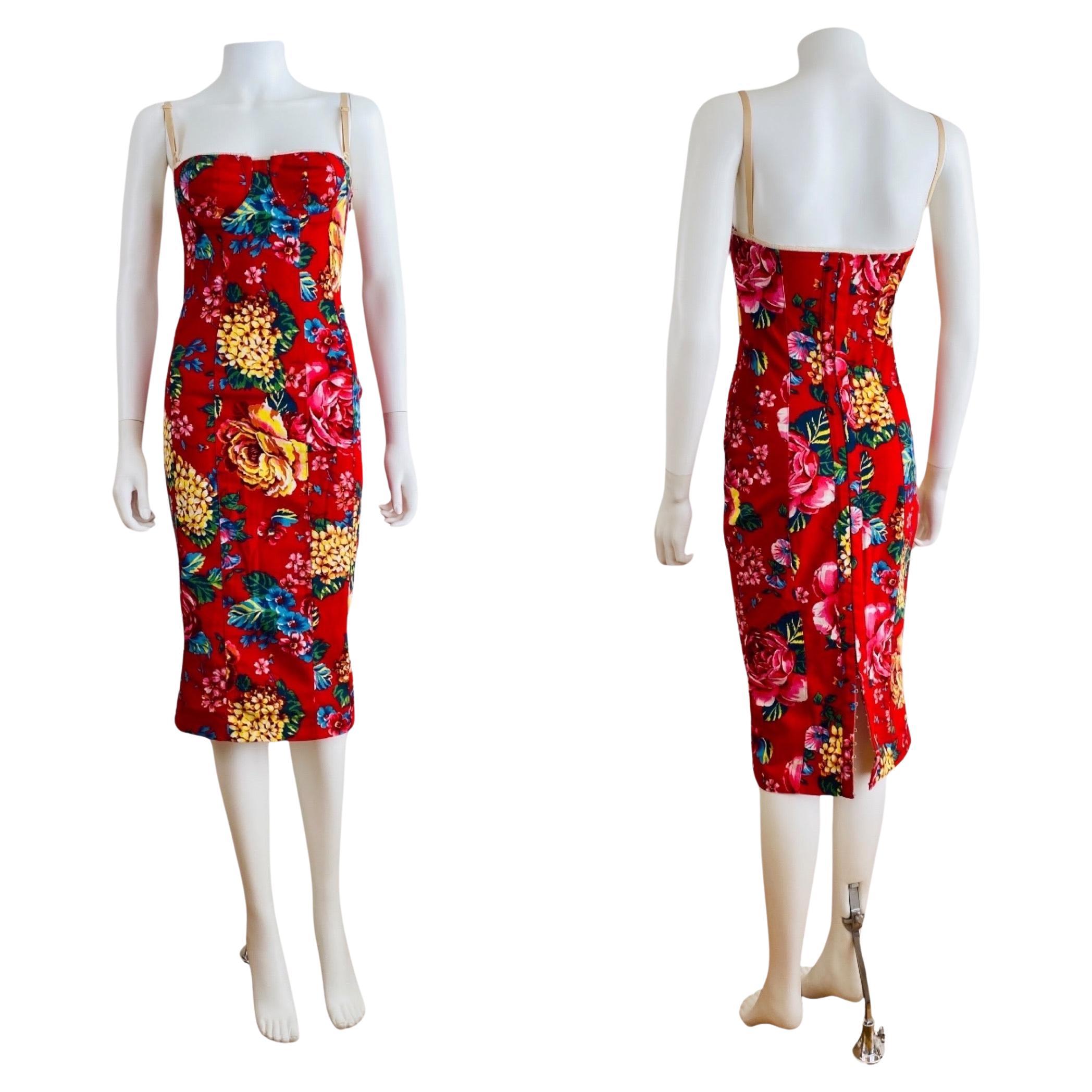 Vintage Dolce + Gabbana 2000s Y2K D&G Red Floral Wiggle Midi Bustier ...