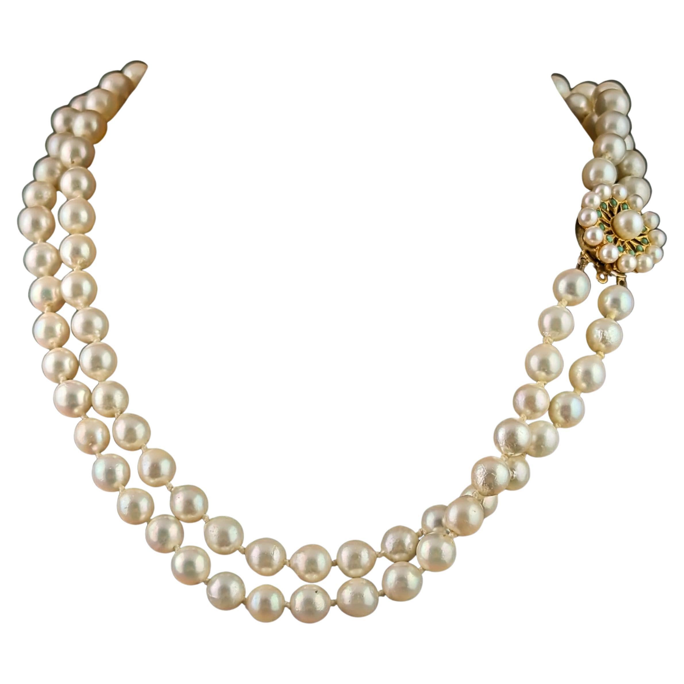 Vintage Double row cultured pearl necklace, 9k gold and Turquoise clasp ...