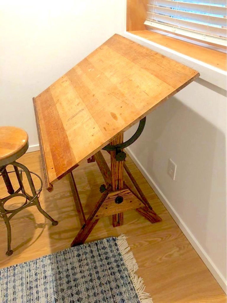 Vintage Drafting Table Wood Cast Iron Adjustable Drawing Table Stool For Sale at 1stDibs