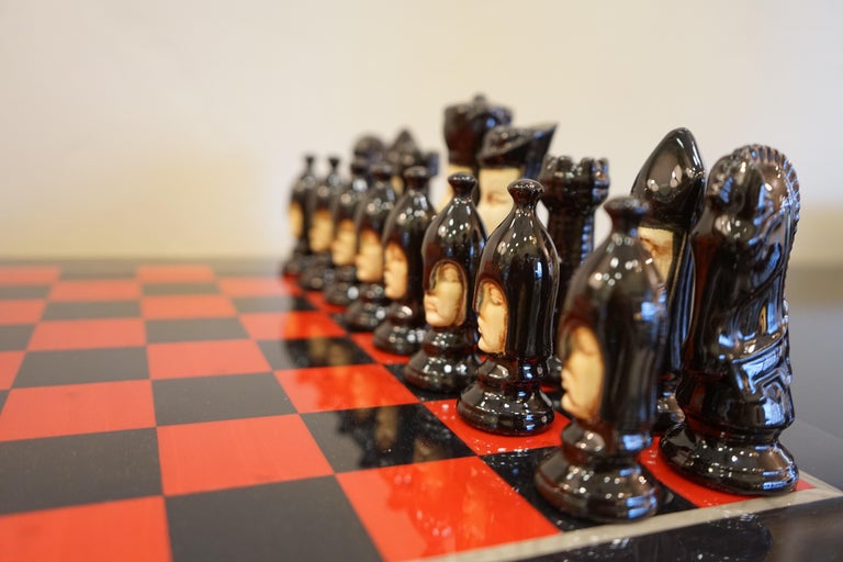 Vintage Duncan Medieval Style Red and Black Chess Set and Board at ...