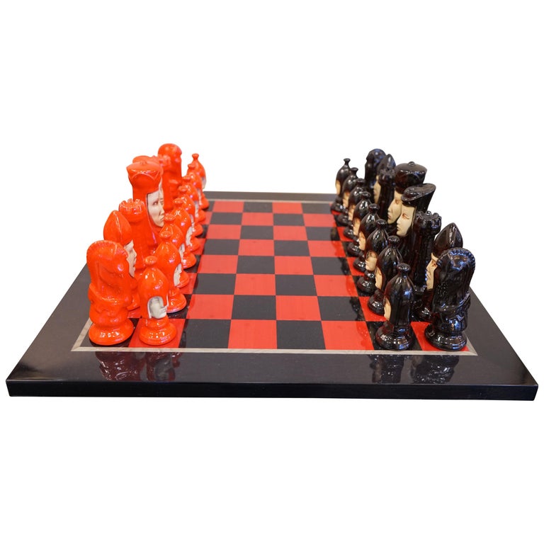 Vintage Duncan Medieval Style Red and Black Chess Set and Board at 1stDibs