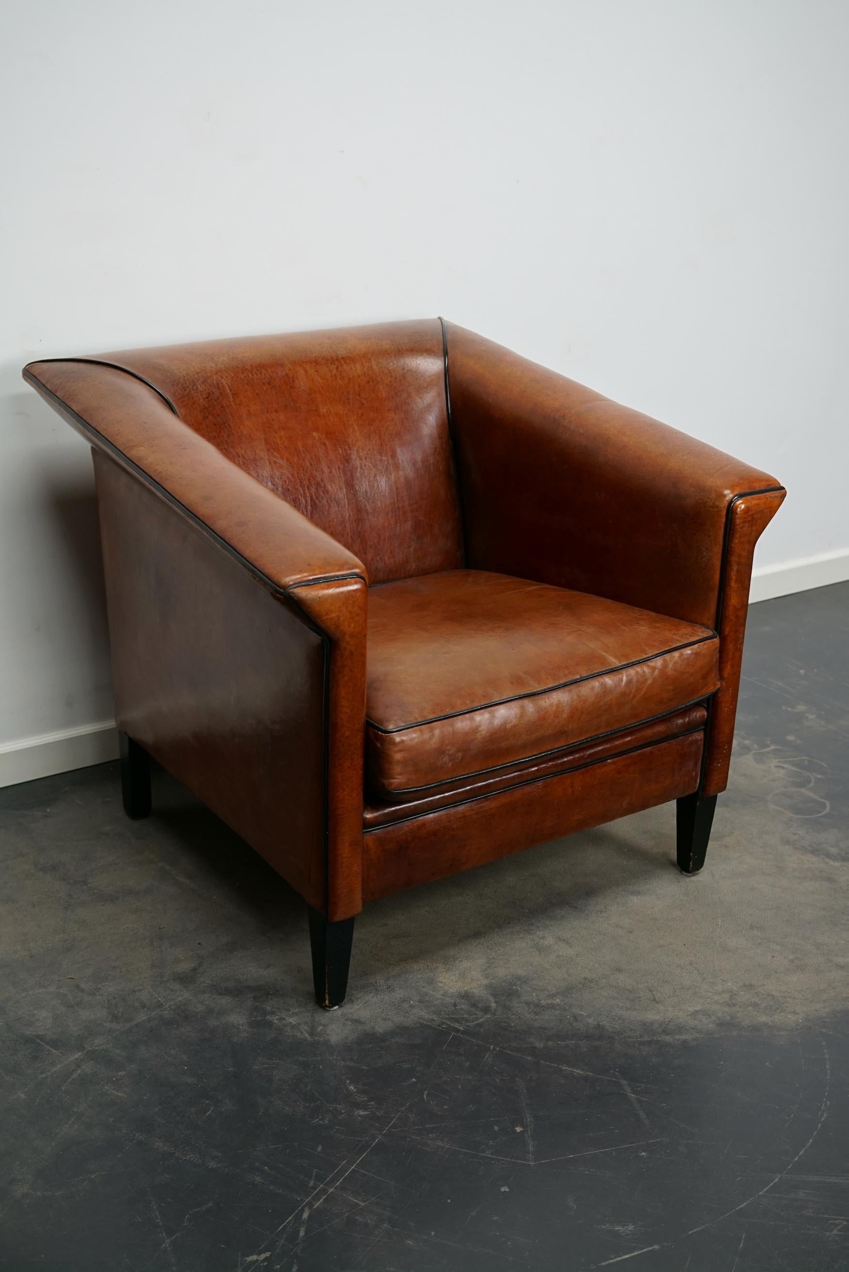 Vintage Dutch Cognac Colored Leather Club Chair Art Deco Style at 1stDibs