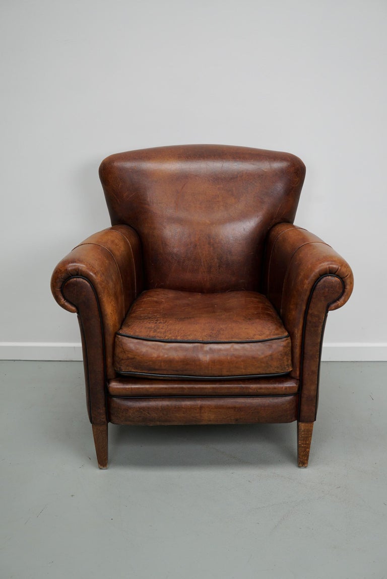 Vintage Dutch Cognac Colored Leather Club Chair For Sale at 1stDibs