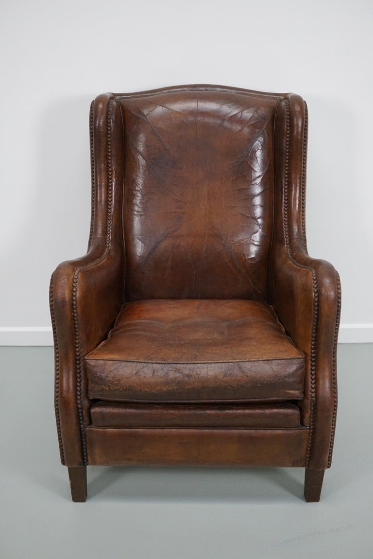 Vintage Dutch Cognac Colored Leather Club Chair For Sale at 1stDibs