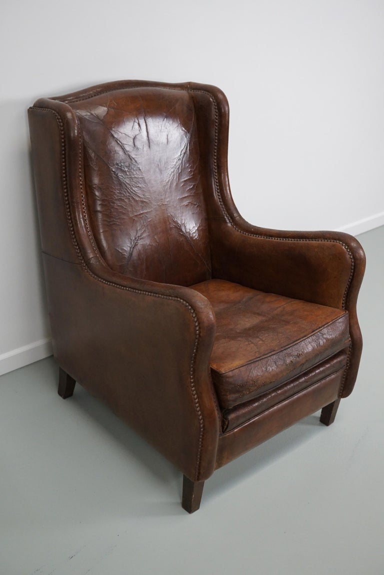 Vintage Dutch Cognac Colored Leather Club Chair For Sale at 1stDibs