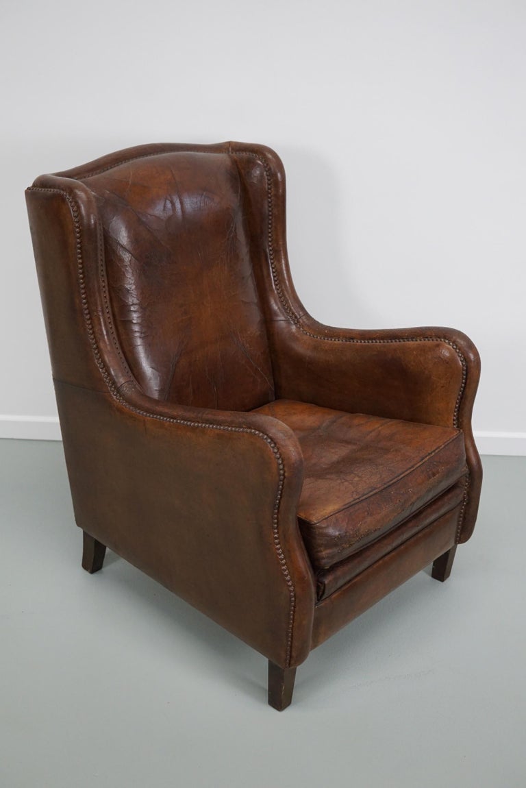 Vintage Dutch Cognac Colored Leather Club Chair For Sale at 1stDibs