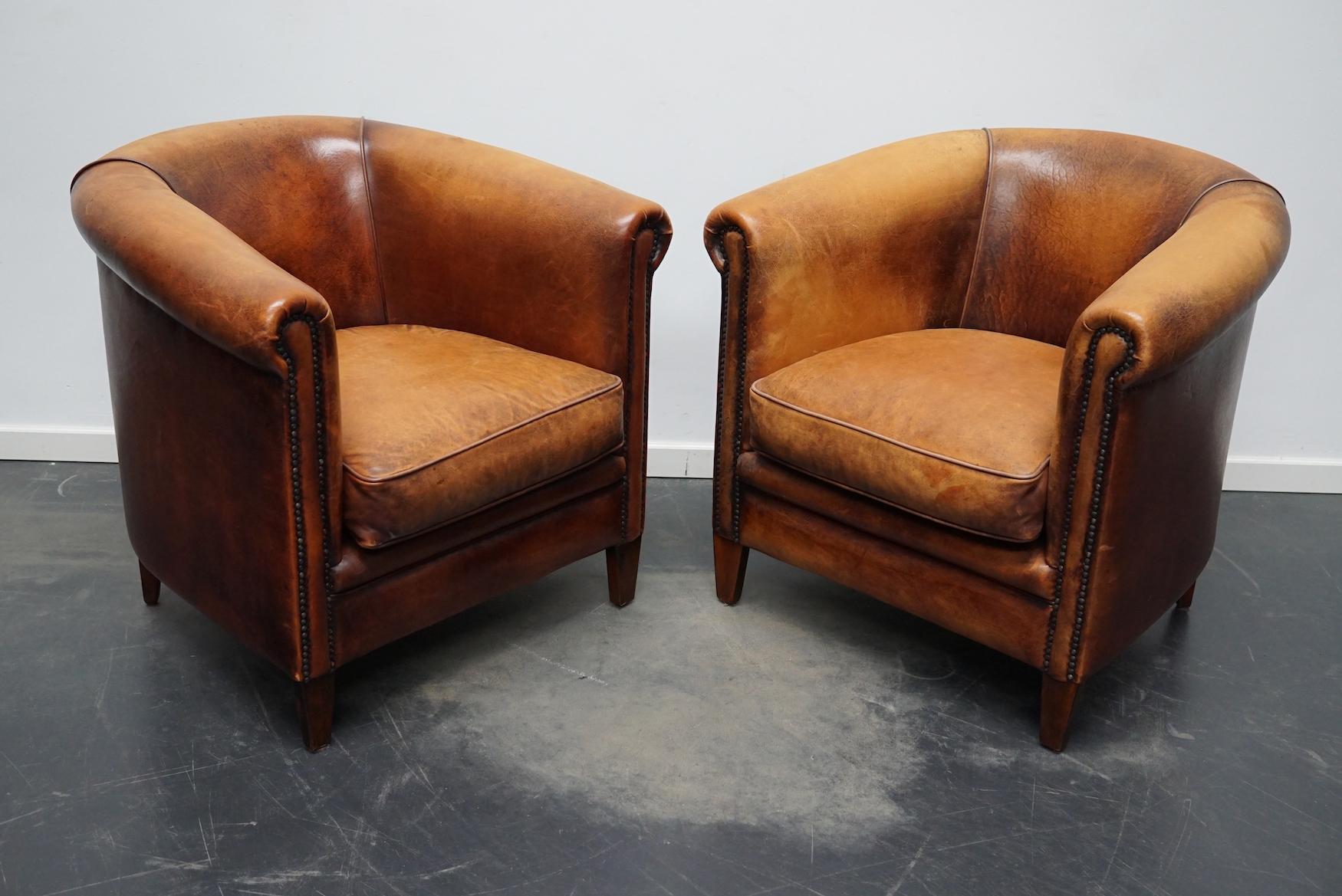 Vintage Dutch Cognac Colored Leather Club Chair, Set of 2 For Sale at ...