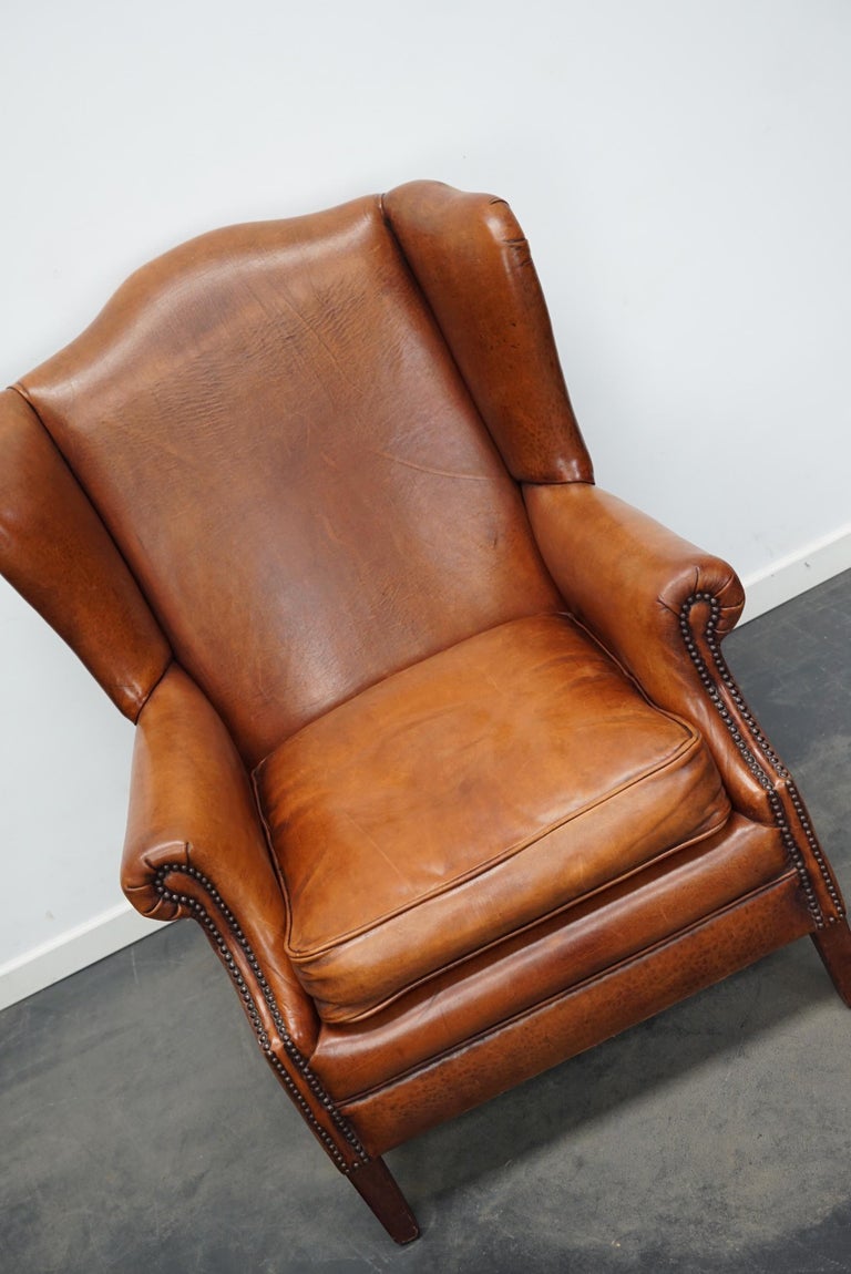 Vintage Dutch Cognac Colored Wingback Leather Club Chair at 1stDibs