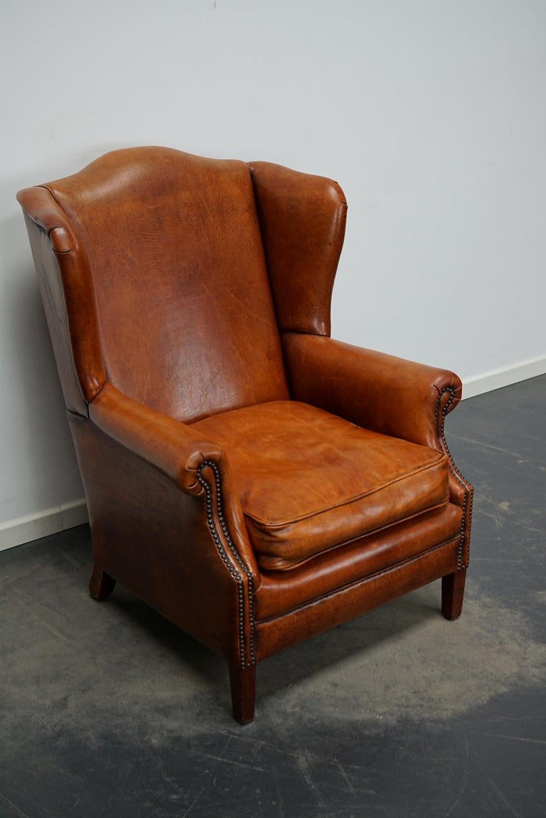 Vintage Dutch Cognac Colored Wingback Leather Club Chair at 1stDibs